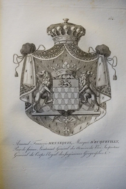 GRAVUR WAPPEN HERALDIK Hennequin Ecquevilly Wappen Restaurierung 1815 ...