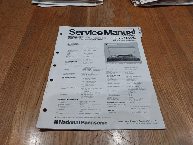 NATIONAL PANASONIC SERVICE Manual: Stereo Radio + Tape & Record Player SG-2080L £12.92 - PicClick UK