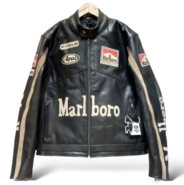 MENS 90S WINDPROOF Marlboro Vintage Motorcycle Racing Biker Cow Leather ...