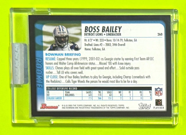 2003 BOWMAN BOSS Bailey OR non circulé RC Detroit Lions Géorgie EUR 11 ...