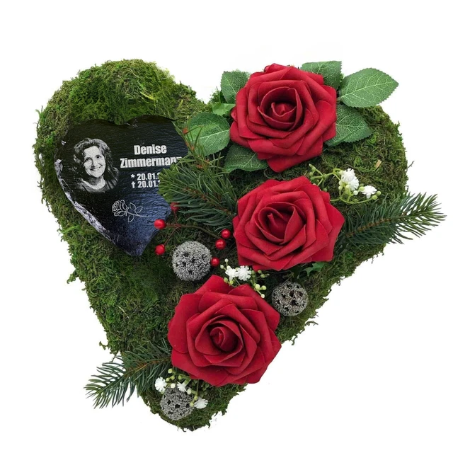 GRABGESTECK GRABHERZ GRABSCHMUCK Grabaufleger Moosherz Schieferherz ...