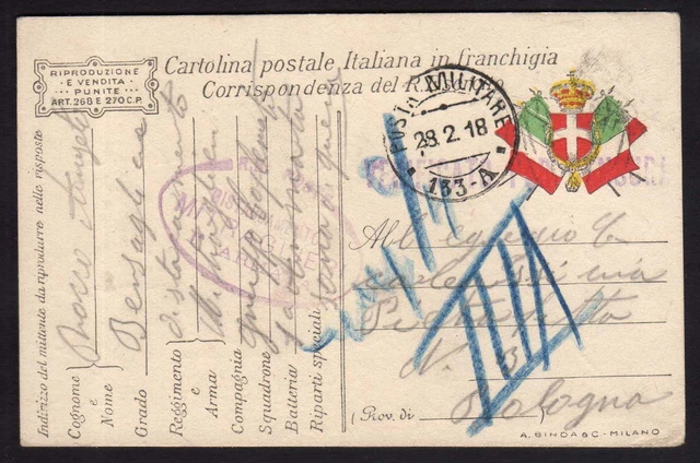 CARTOLINA MILITARE IN franchigia 1918 da PM 133-A per Bologna (FSG) EUR ...