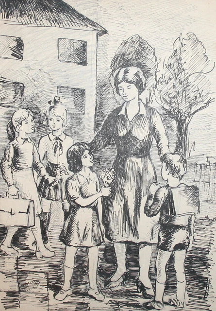 VINTAGE SOCIALIST REALISM ink drawing students portrait $73.66 - PicClick