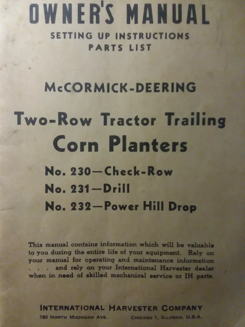 MCCORMICK DEERING IH 2-Row Tractor Trailing Corn Planters Owner & Parts ...