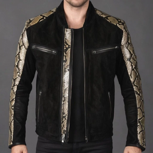 MENS BLACK SUEDE Leather Jacket Python Snake Texture Fashion Bomber ...