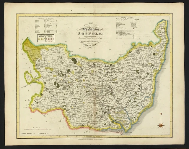 MAP OF SUFFOLK and coast parks & gentlemans houses, towns roads 1838 £ ...