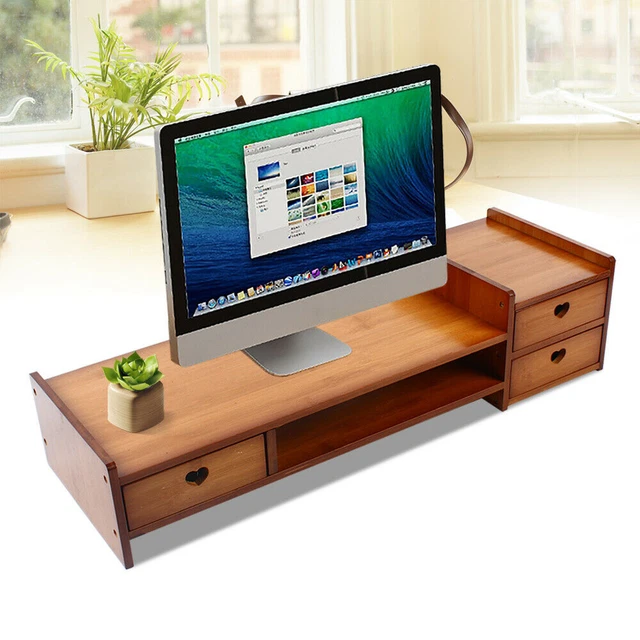 BAMBOO MONITOR STAND Riser with Storage Drawer Desk Laptop Organizer ...