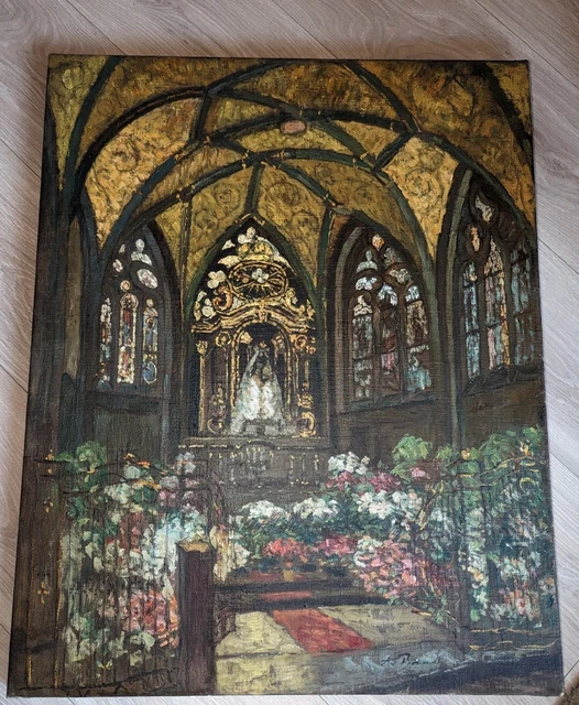 TABLEAU ANCIEN HUILE sur toile Intérieur d'Eglise, La Vierge Noire ...