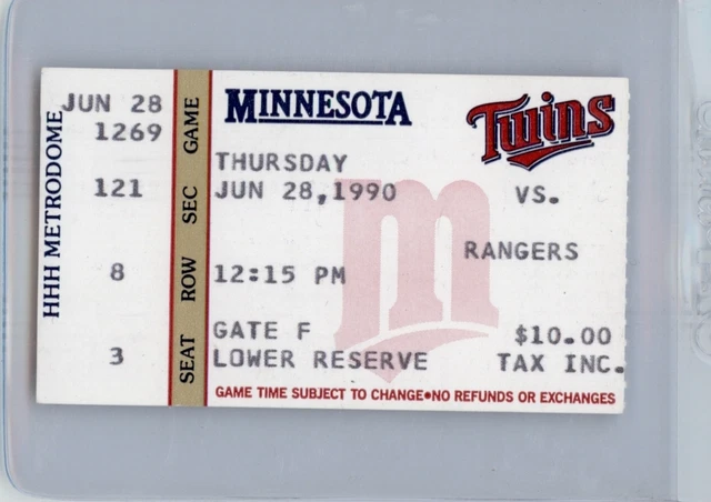 MLB TICKET STUB 6/28/90 Twins vs. Rangers Sierra Incheviglia Puckett ...