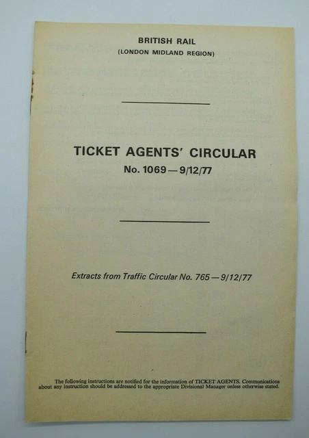BRITISH RAIL (LM Region) Ticket Agents' Circular No.1069 9/12/77 EUR 6 ...
