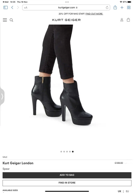 BNIB KURT GEIGER Black Leather Spear Platform Boot Size 41 8 RRP £189 ...