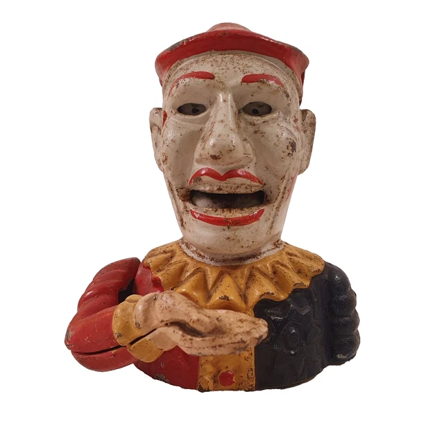 ANTIQUE CAST IRON Jester Clown Mechanical Money Box Vintage - O10 £30. ...