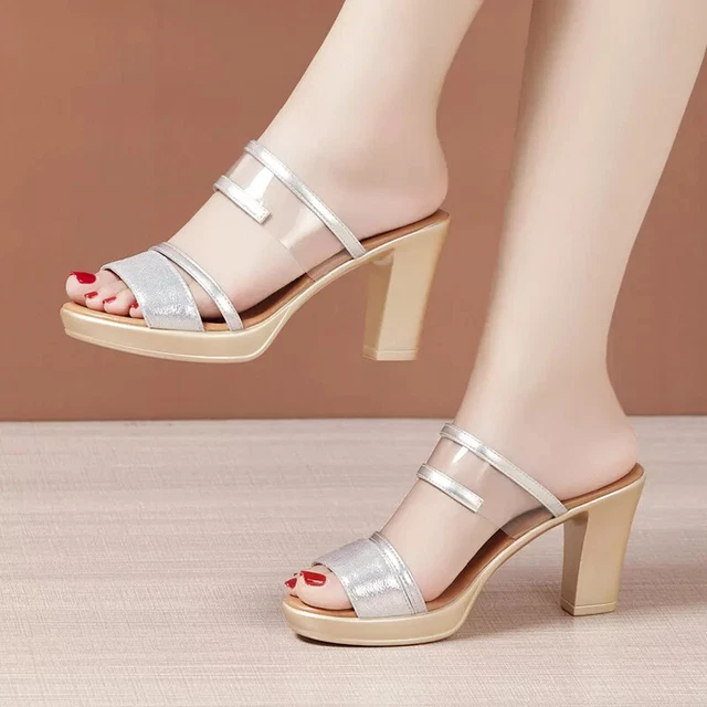 SANDALES SABOT MULES Plateau Platform 8 CM Argenté Beige Cuir ...