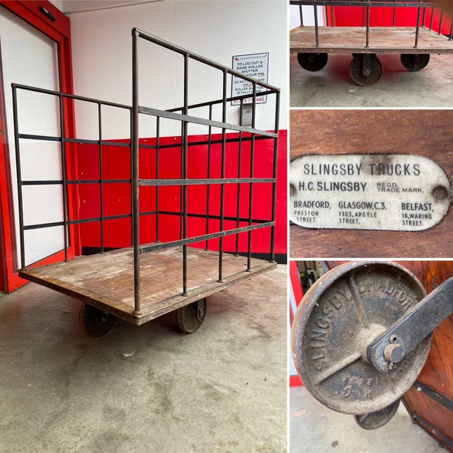 RARE LARGE VINTAGE Antique Industrial Caged Slingsby Factory Trolley ...