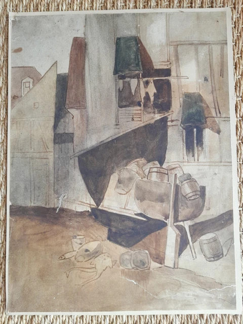 AQUARELLE PAPIER ÉCOLE normande attribué à adolphe hervier pêche port Normandie EUR 90,00 ...