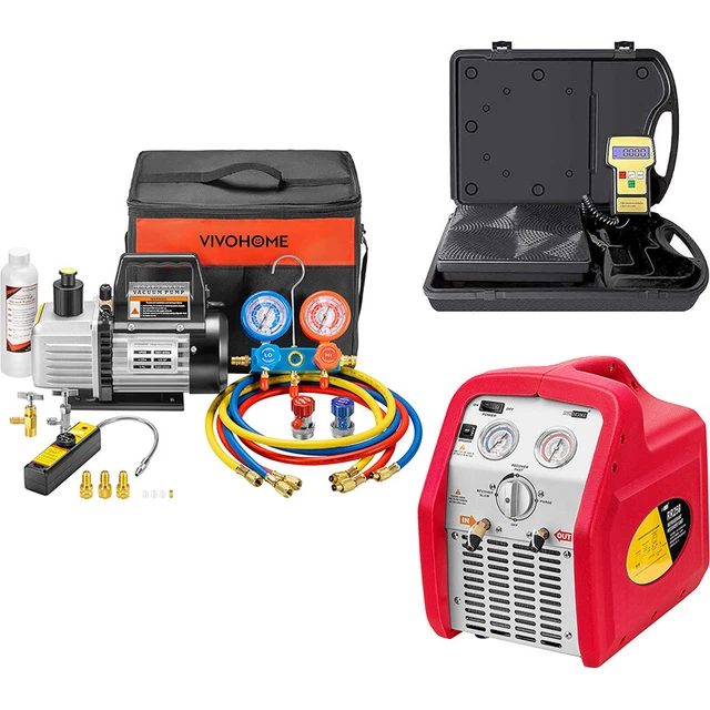 AC MANIFOLD GAUGE Set w/ Vacuum Pump, Refrigerant Recovery Machine ...