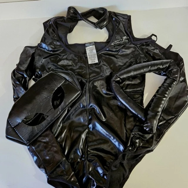 New Yandy Cat Fight Catwoman Sexy Wet Look Bodysuit 3 Piece Costume