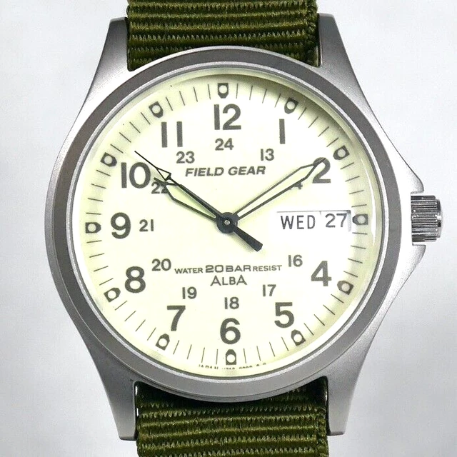 SEIKO ALBA FIELD GEAR Military Watch V743-8000 White Dial Day-Date Full ...