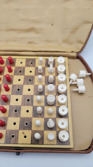 VINTAGE MINI CHECKERS & Chess Set Leather Box Plastic Pieces Travel ...
