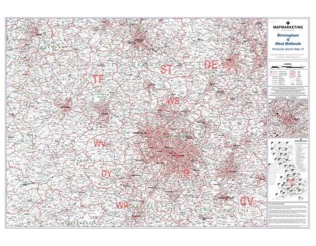 POSTCODE SECTOR MAP 13 Birmingham and West Midlands - Laminated Wall ...