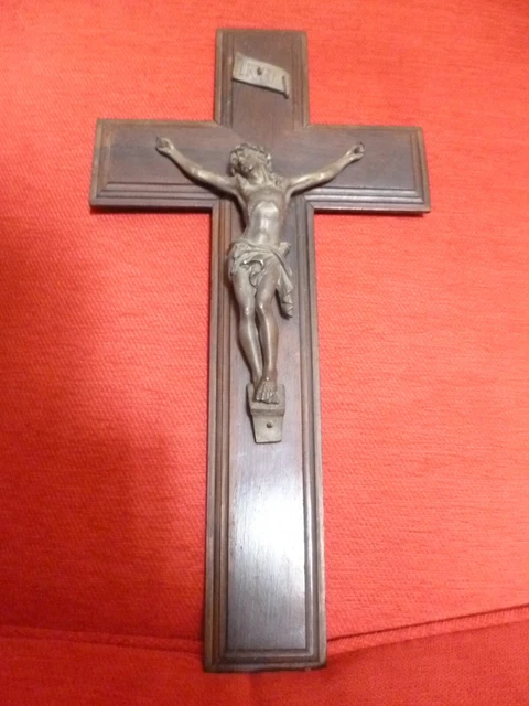 LARGE ANTIQUE FRENCH Wooden Cross with Metal Jesus INRI Badge Signed ...