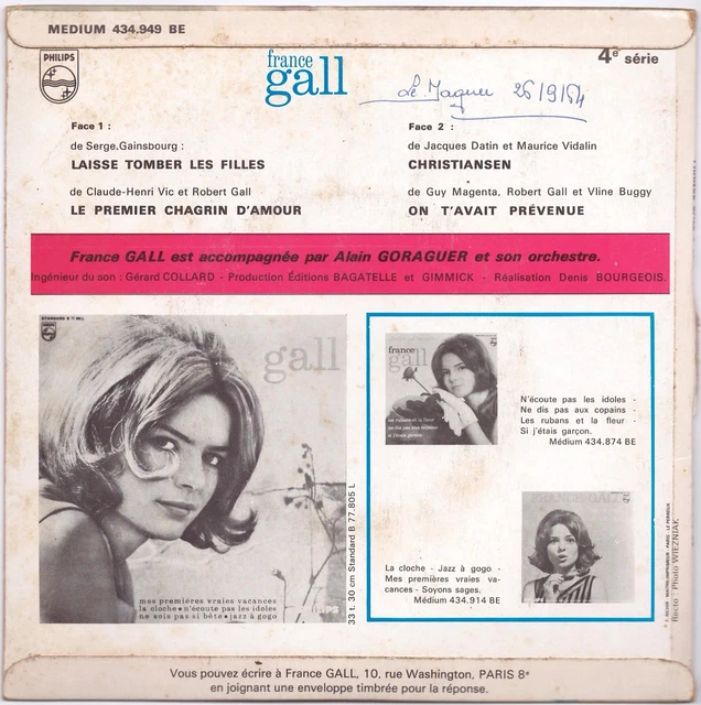 FRANCE GALL LAISSE Tomber Les Filles 1964 French Yéyé Girl EP 45T 1ère ...