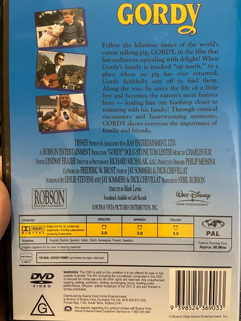 GORDY REGION 4 DVD (1994 Walt Disney pig kids / family comedy movie) $8 ...