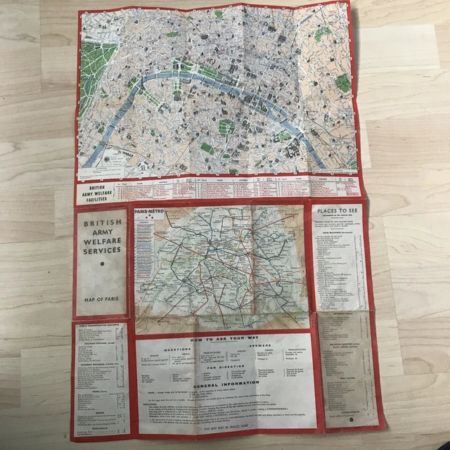 WW2 BRITISH ARMY Welfare Services Map of Paris Printed on Back of a ...