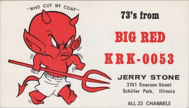 VINTAGE RADIO QSL postcard devil comic Jerry Stone 1970s Schiller Park ...