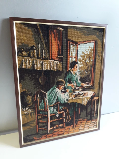 ANCIEN TABLEAU CANEVAS - scène Repas - 1960 EUR 30,00 - PicClick FR