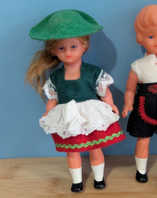 VINTAGE GERMAN CELLULOID Dolls 6" Tall Lot of 2 Felt Clothing 1950s ...