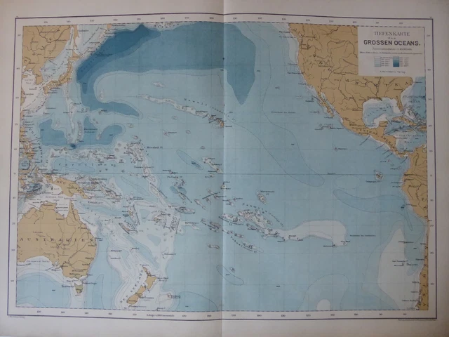 MAP, DEPTH MAP Stiller Ocean, A. Hartleben, Vienna, Pest, Leipzig 1884 ...