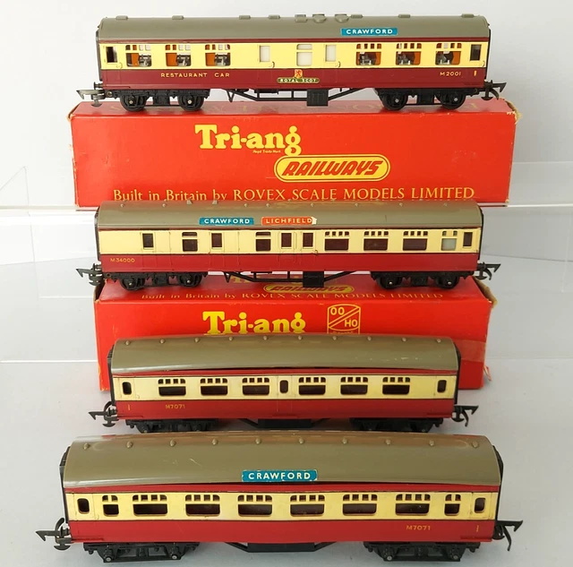OO GAUGE TRI-ANG RAILWAYS Rake of x 4 B.R. Crimson & Cream Coaches £23. ...