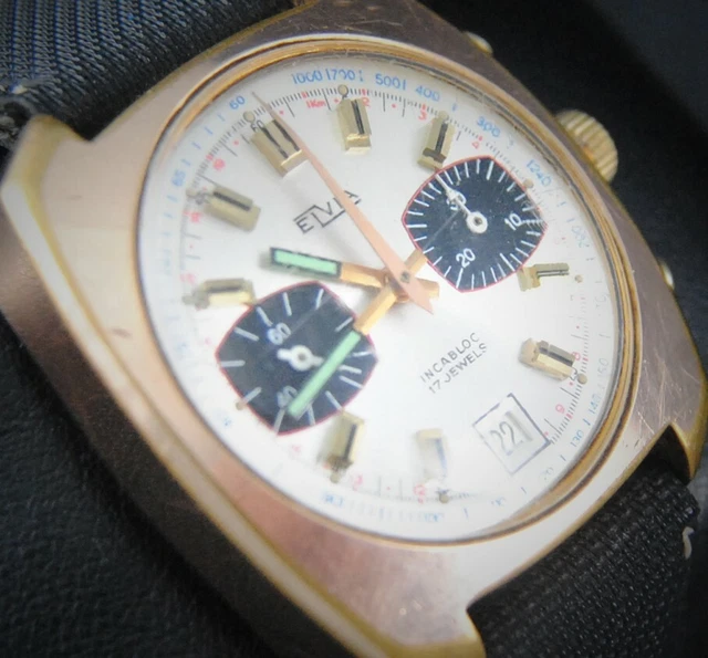 VINTAGE SWISS ETVIA Old Chronograph Watch Original Dial Valjoux 7734 ...