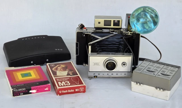 VINTAGE POLAROID AUTOMATIC 350 Instant Land Camera, Cover & Flash Etc £ ...