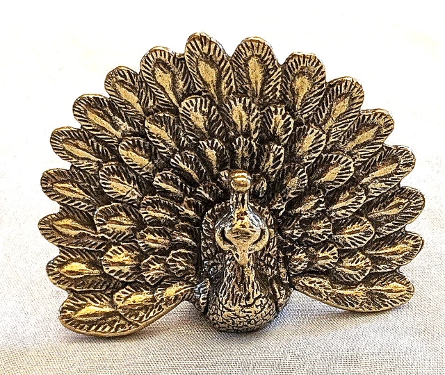 PEACOCK BRASS FIGURINE Gold Lustre OId Antique Beautiful Sophisticated ...