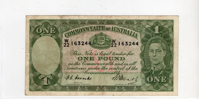 1949 PRE-DECIMAL £1 ONE pound banknote Australia COOMBS/WATT fine $70. ...