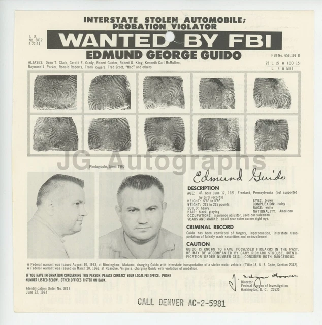 FBI WANTED NOTICE - Edmund George Guido - Voiture volée - Birmingham ...