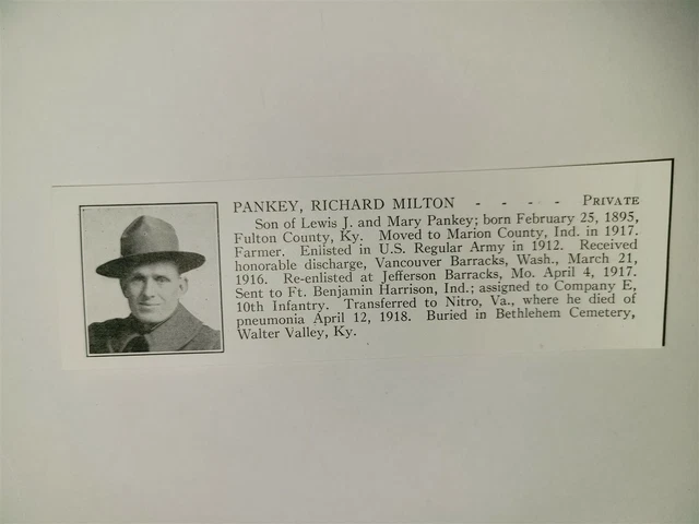 RICHARD PANKEY FULTON County Kentucky Company E 10th Infantry 1921 WW1 ...