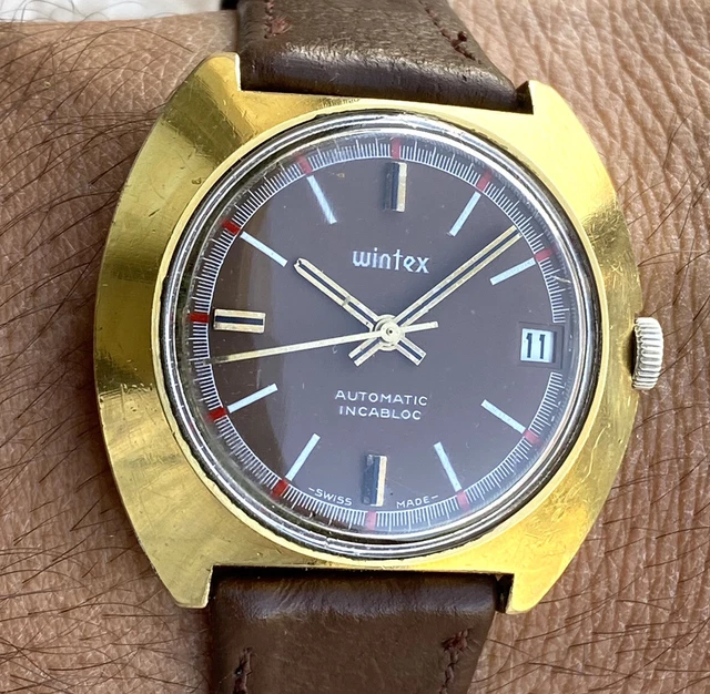 OROLOGIO WINTEX AUTOMATICO Quadrante Marrone Uomo 25 Gioielli Incabloc ...