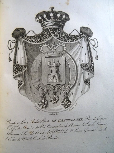 GRAVURE BLASON HERALDIQUE COMTE de CASTELLANE RESTAURATION ARMOIRIES ...