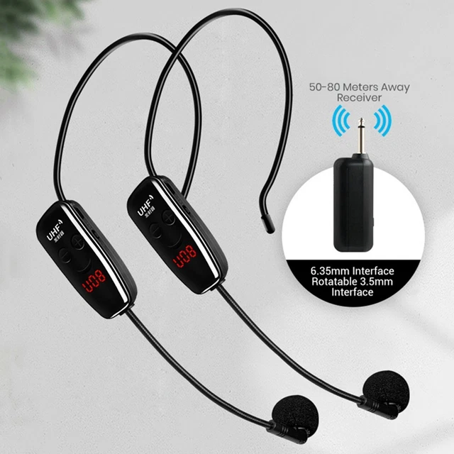UHF WIRELESS-MICROPHONE RECHARGEABLE Dual-Headset Mic System For Teach ...