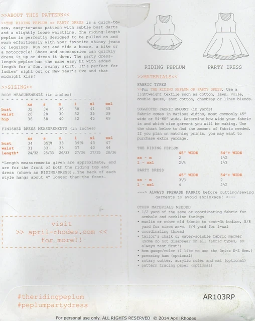 APRIL RHODES SEWING Pattern for The Riding Peplum Top & Party Dress ...