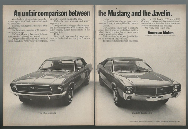 1968 AMC JAVELIN 2-page advertisement, Javelin SST vs Mustang, print ad ...