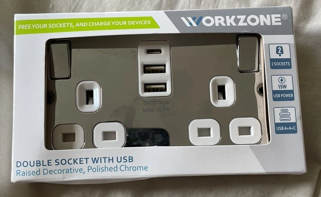 WORKZONE USB C & 2 x USB A DOUBLE PLUG WALL SOCKET 13A 2 GANG ...