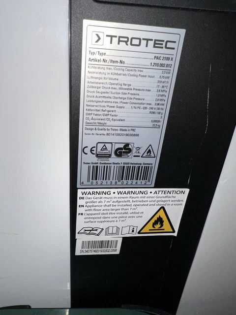 TROTEC PAC 2100 X Lokales Klimagerät - Weiß (1.210.002.012) EUR 150,00 ...