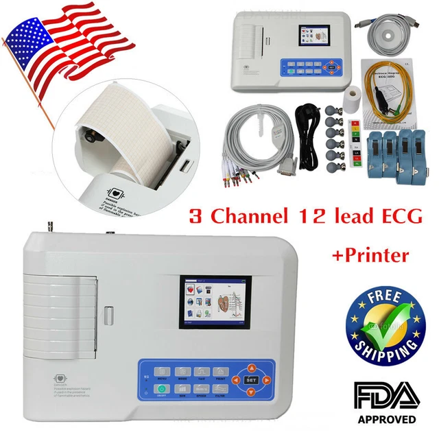 HOSPITAL 3-CHANNEL 12-LEAD Electrocardiograph ECG/EKG Machine ...