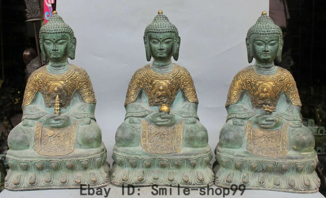 16& ANTIQUE TIBET Bronze Gilt Sakyamuni Shakyamuni Amitabha Buddha Statue Set EUR 955,00 ...