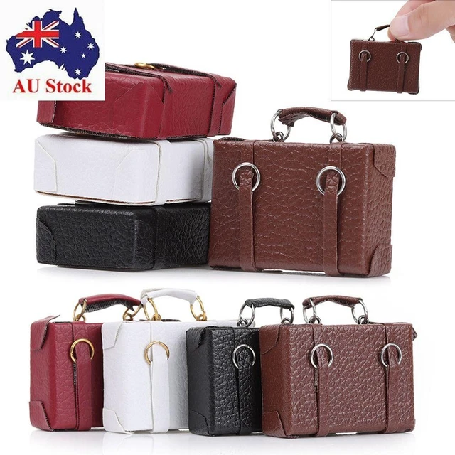 DOLL LEATHER LUGGAGE Vintage Wood Box Mini Suitcase Miniature Portable ...