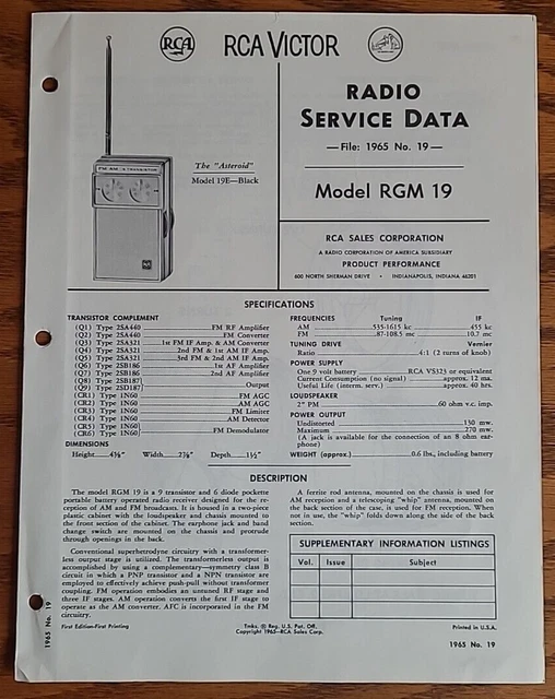 VINTAGE RCA VICTOR Radio Service Data Model RGM 19 1965 No 19 Asteroid ...